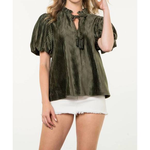 THML | Tops | New Thml Puff Sleeve Velvet Top In Olive Green | Poshmark